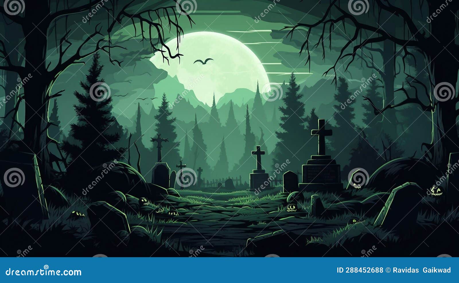 Graveyard with Tombstones and Moon Illustration AI Generated Stock ...