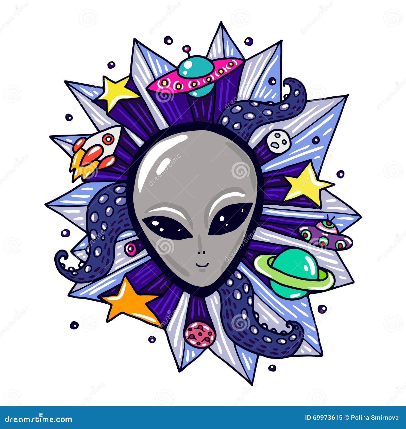 Gray Alien Head and Space-Elementen Vector Illustratie - Illustration ...