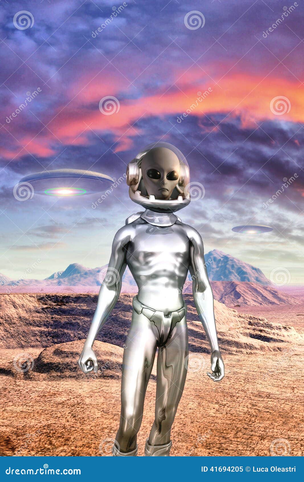 Gray Alien and UFO in the Desert Stock Illustration - Illustration of ...