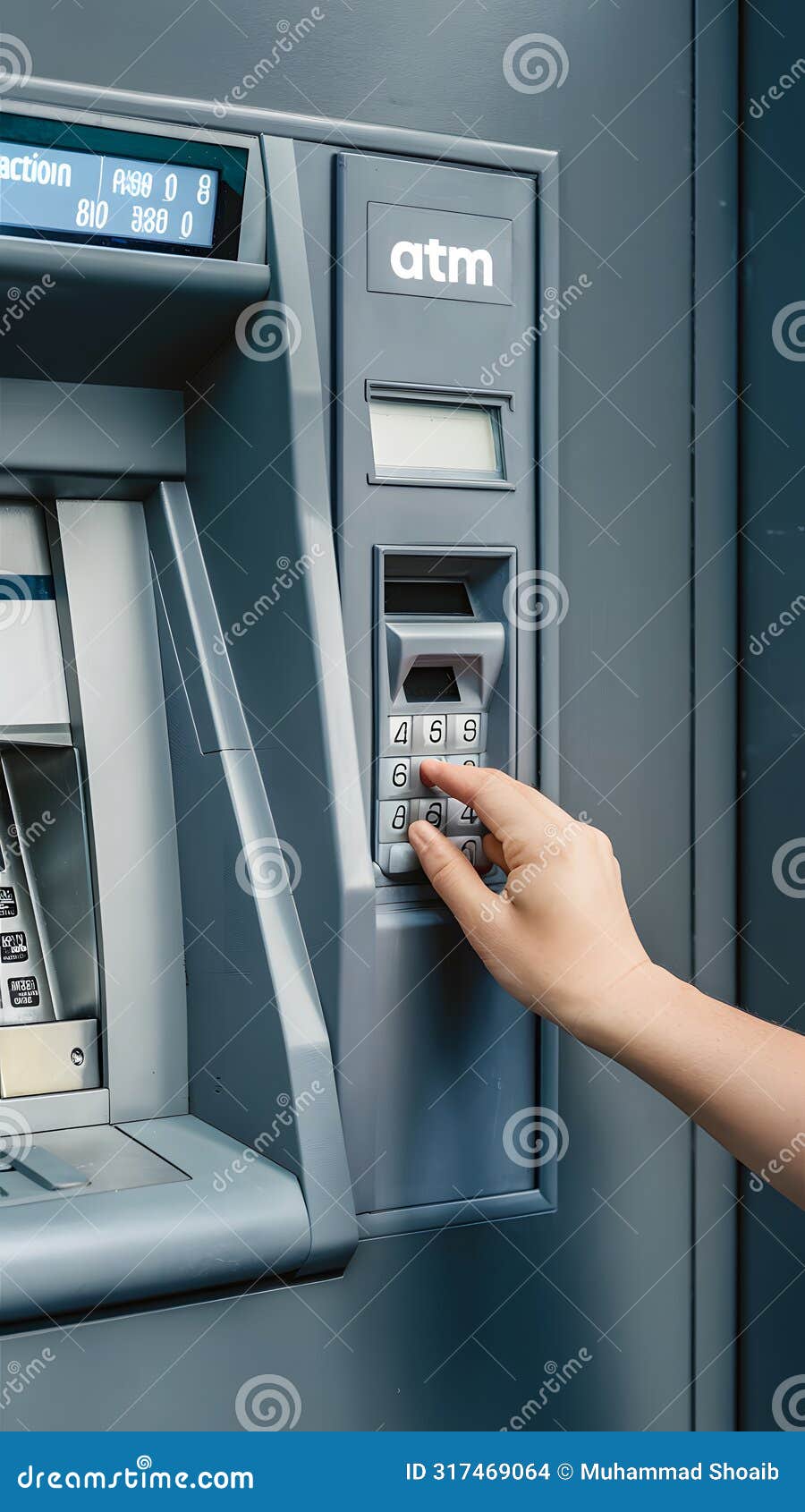 Gray ATM with Hand Entering PIN, Keypad 0 9, Transaction Details on ...