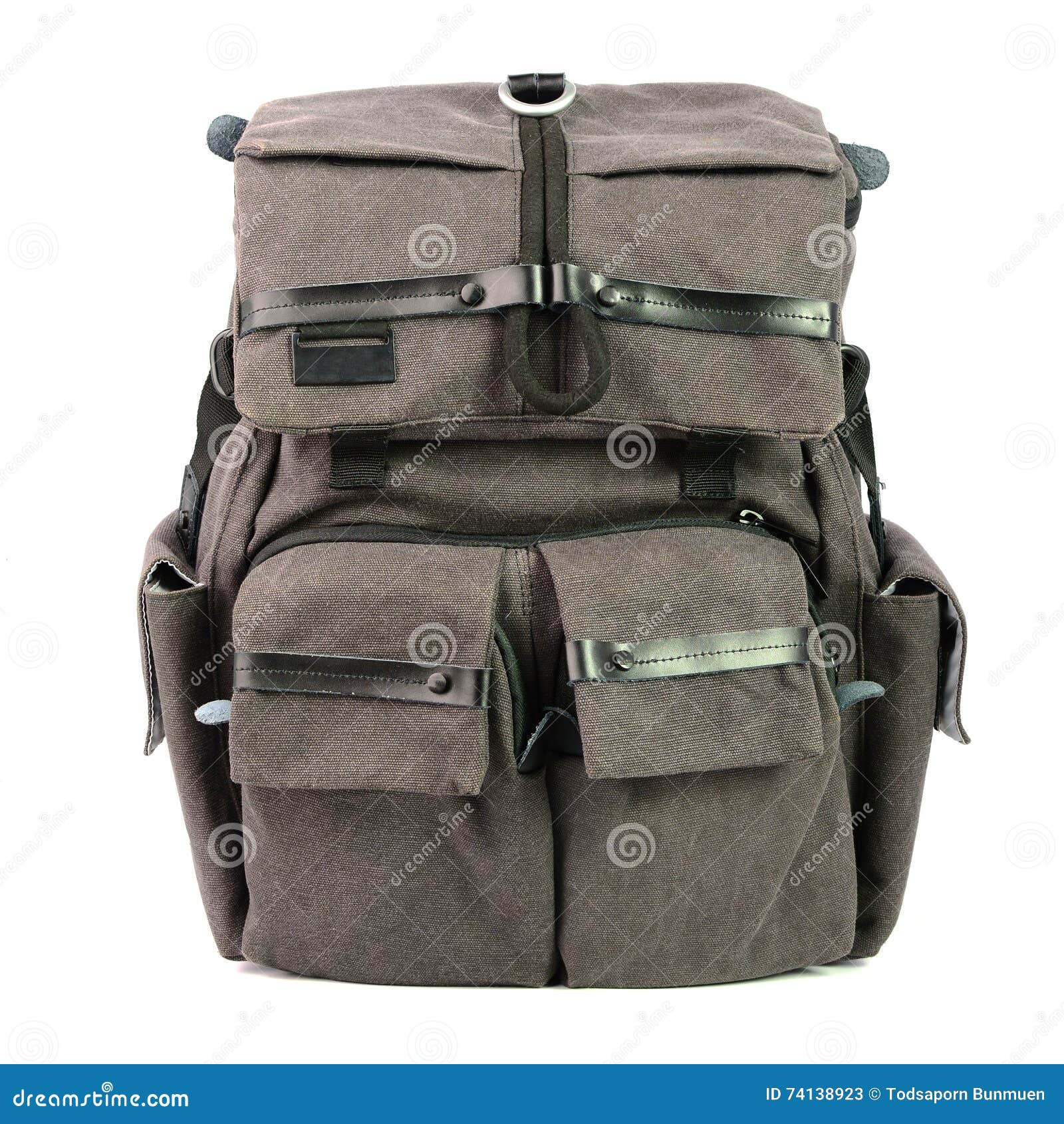 Gray Backpack Standing Isolated on White Background Stock Image - Image ...