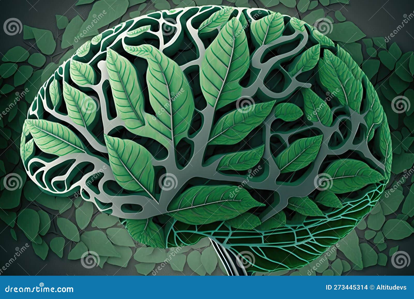 Gray Brain Structure Pattern with Veins Green Leaves and Branches in ...