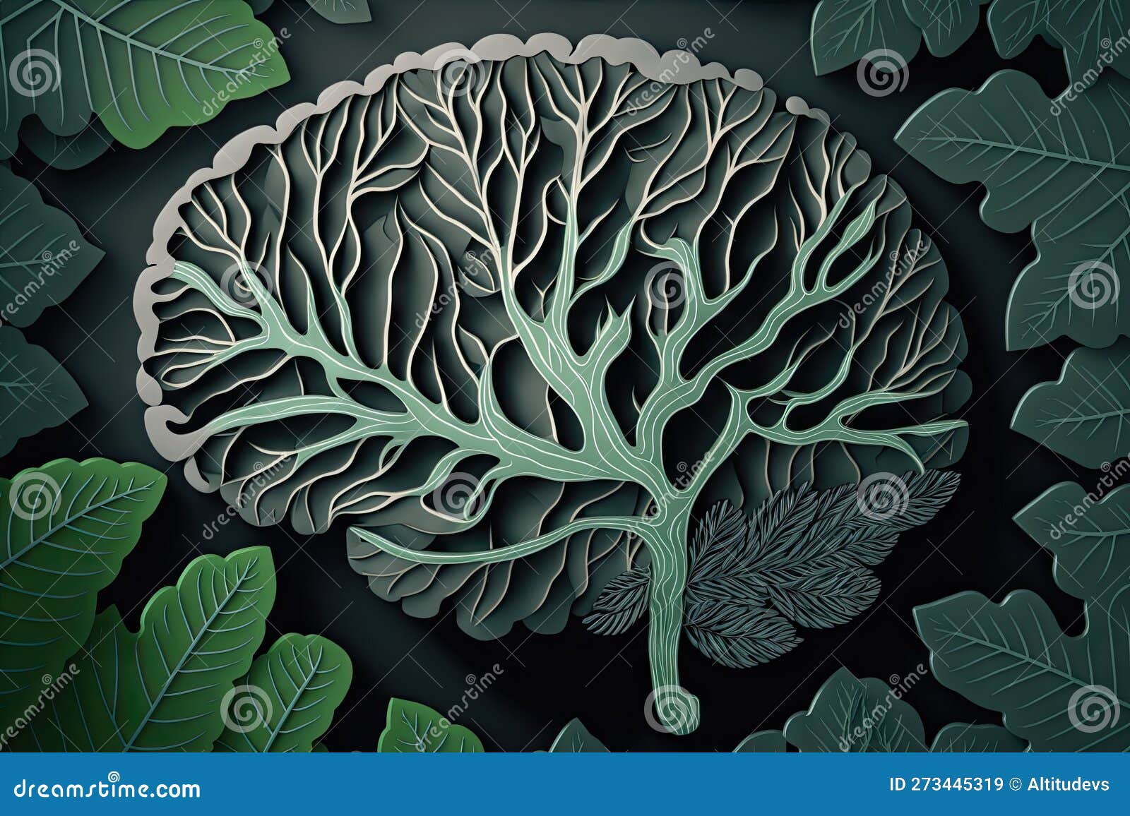 Gray Brain Structure Pattern with Veins Green Leaves and Branches in ...