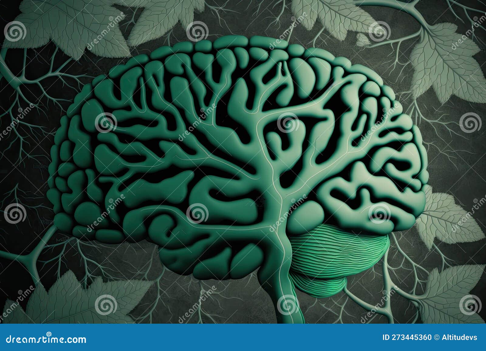 Gray Brain Structure Pattern with Veins Green Leaves and Branches in ...