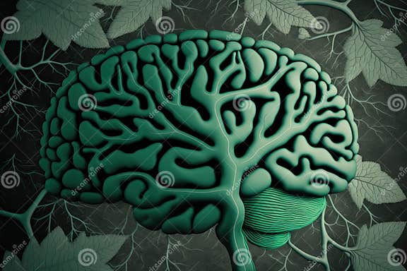 Gray Brain Structure Pattern with Veins Green Leaves and Branches in ...