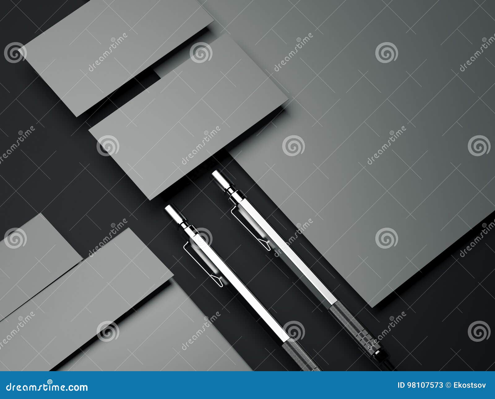 Gray Branding Mockup with Silver Pens. 3d Rendering Stock Illustration ...