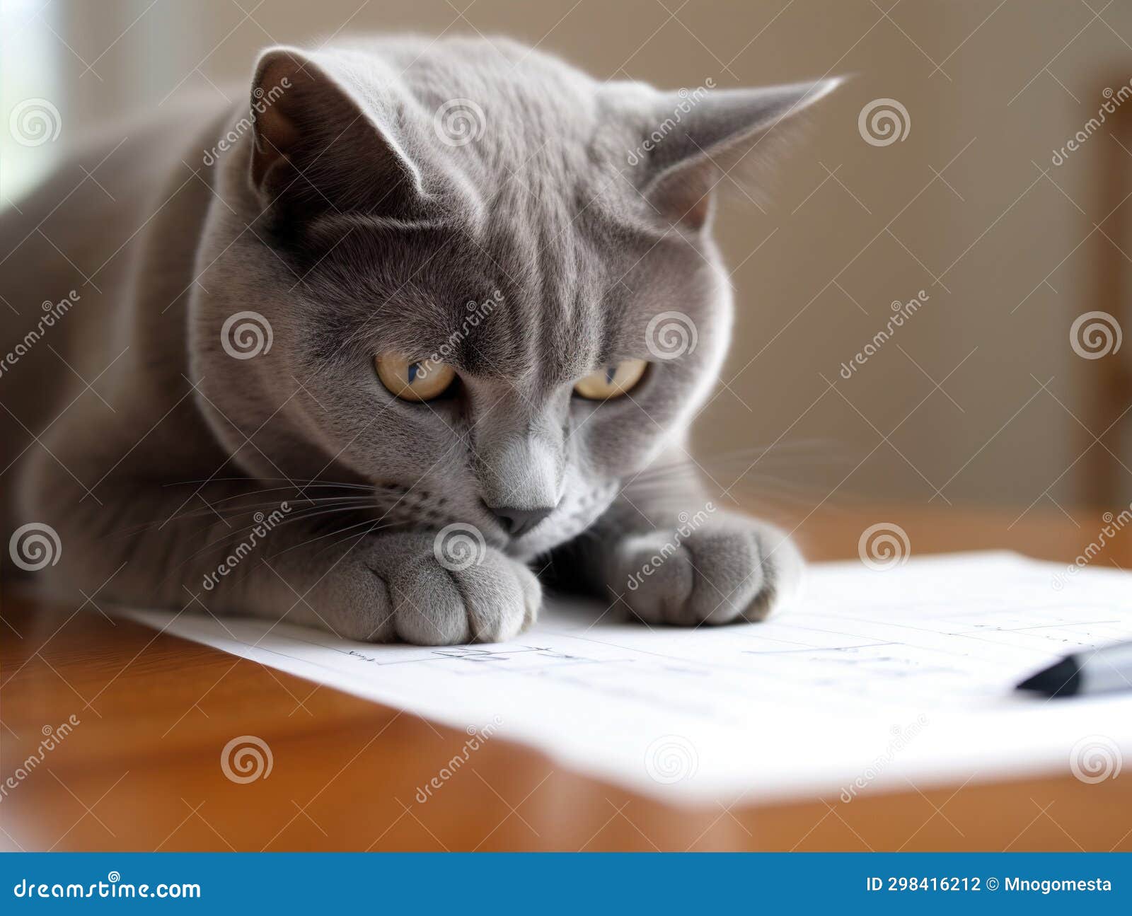 A Gray British Cat is Intently Peering at Some Paper Document on the ...