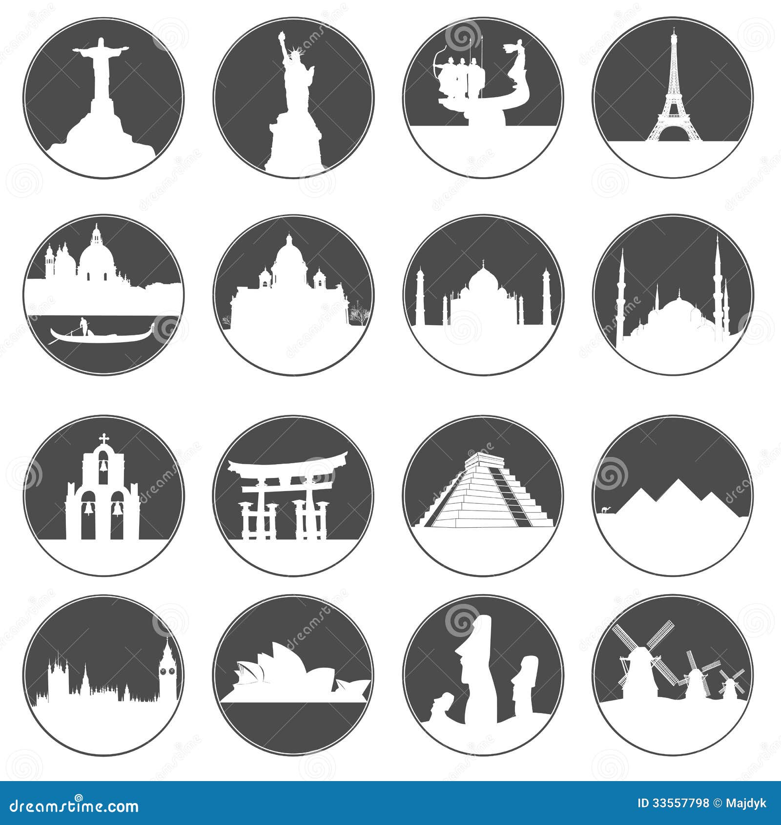 Famous Places And Landmarks Vector Illustrations Set, Modern Flat Icons ...