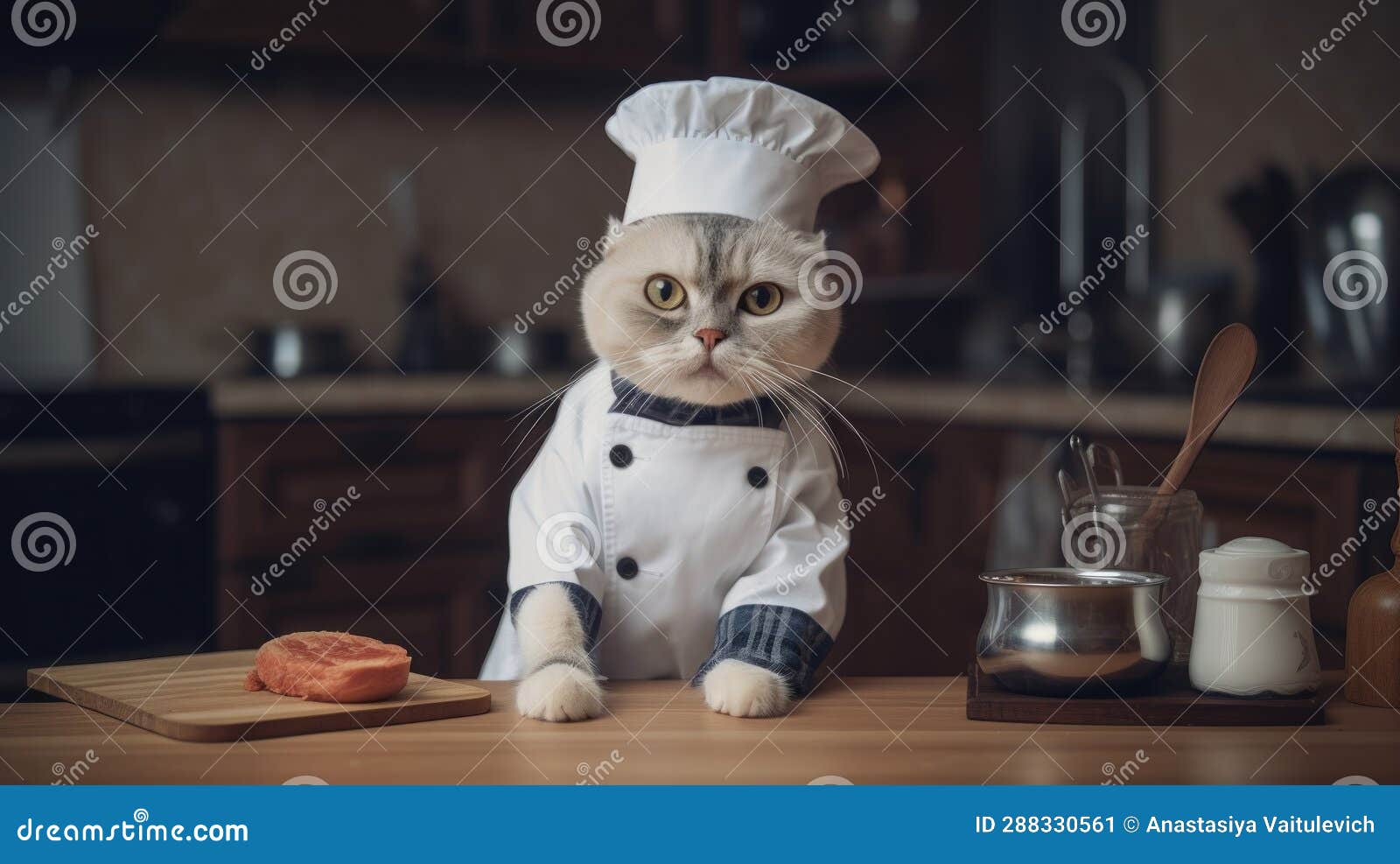 Gray Cat Cook Steak in the Kitchen Stock Image - Image of grey ...