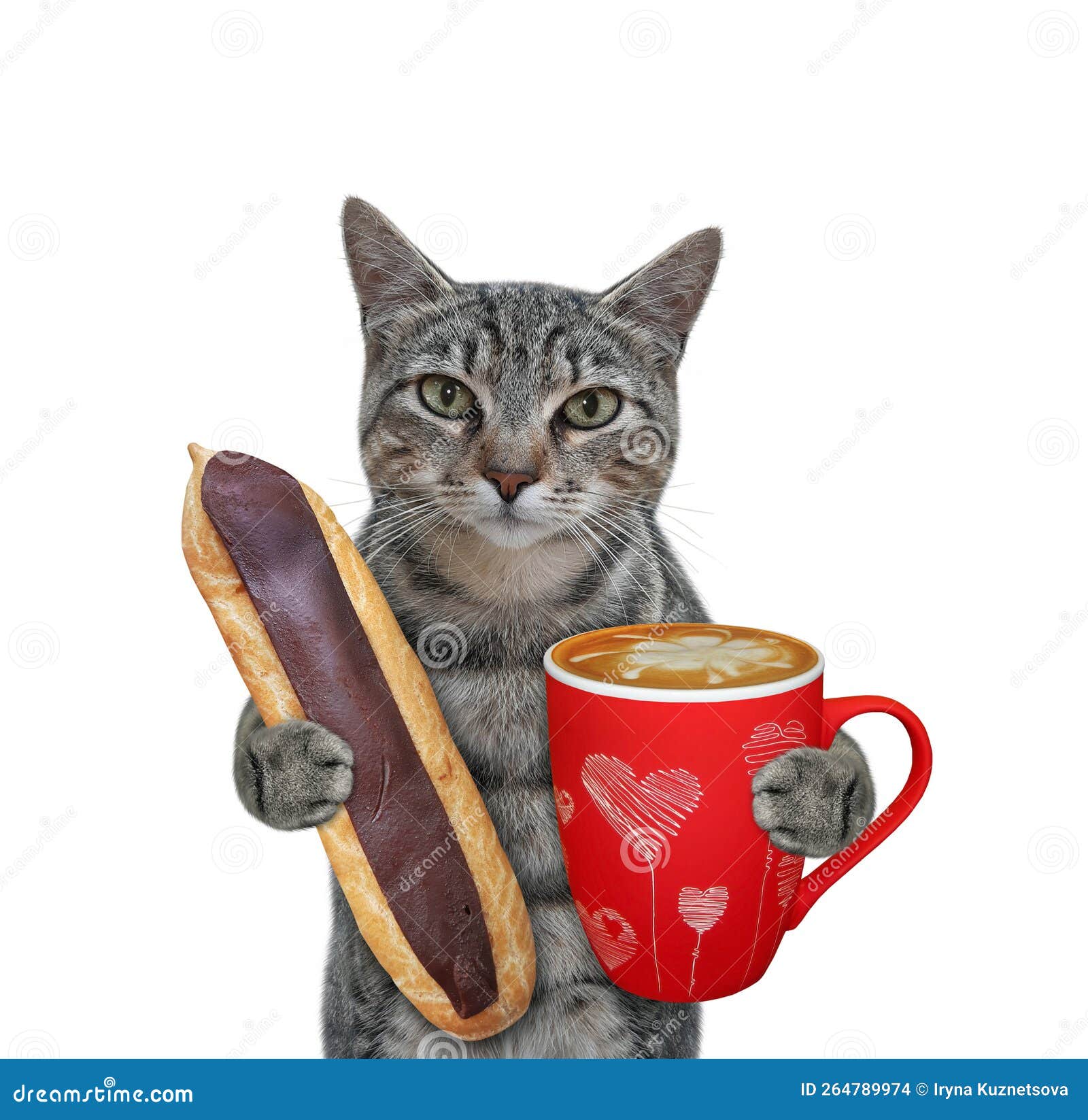 Gray Cat Holds Chocolate Eclair Cup Coffee White Background Isolated ...