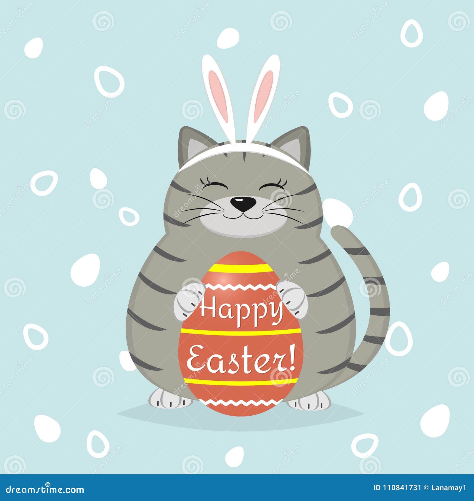 A Gray Cat in the Rabbit`s Ears Sits and Holds a Red Easter Egg. Happy ...