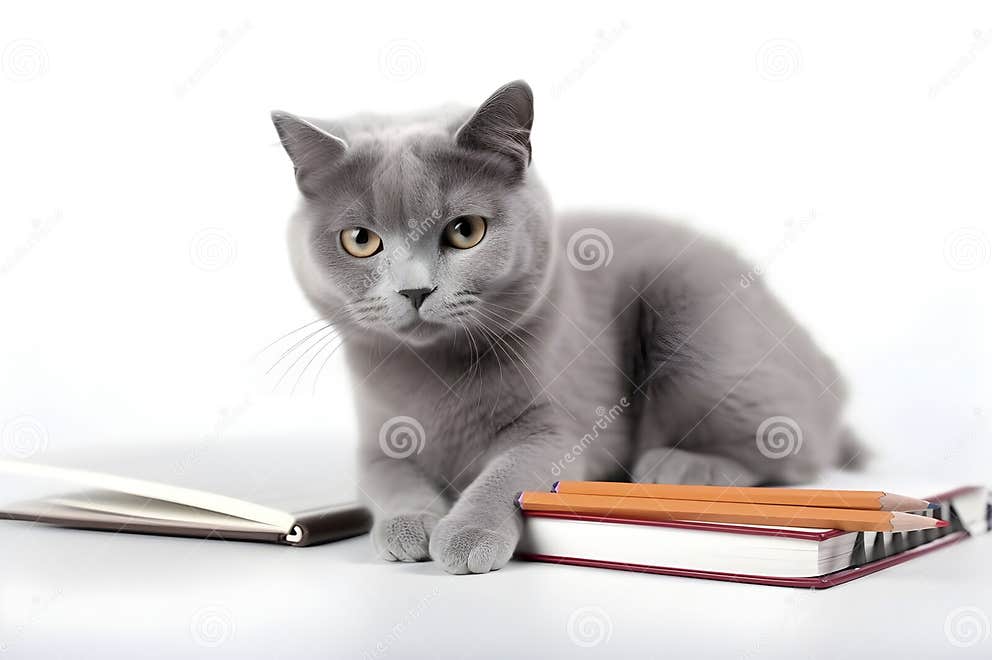 Gray Cat Scholar. Writing among Stacks of Books Stock Image - Image of domestic, funny: 330196163