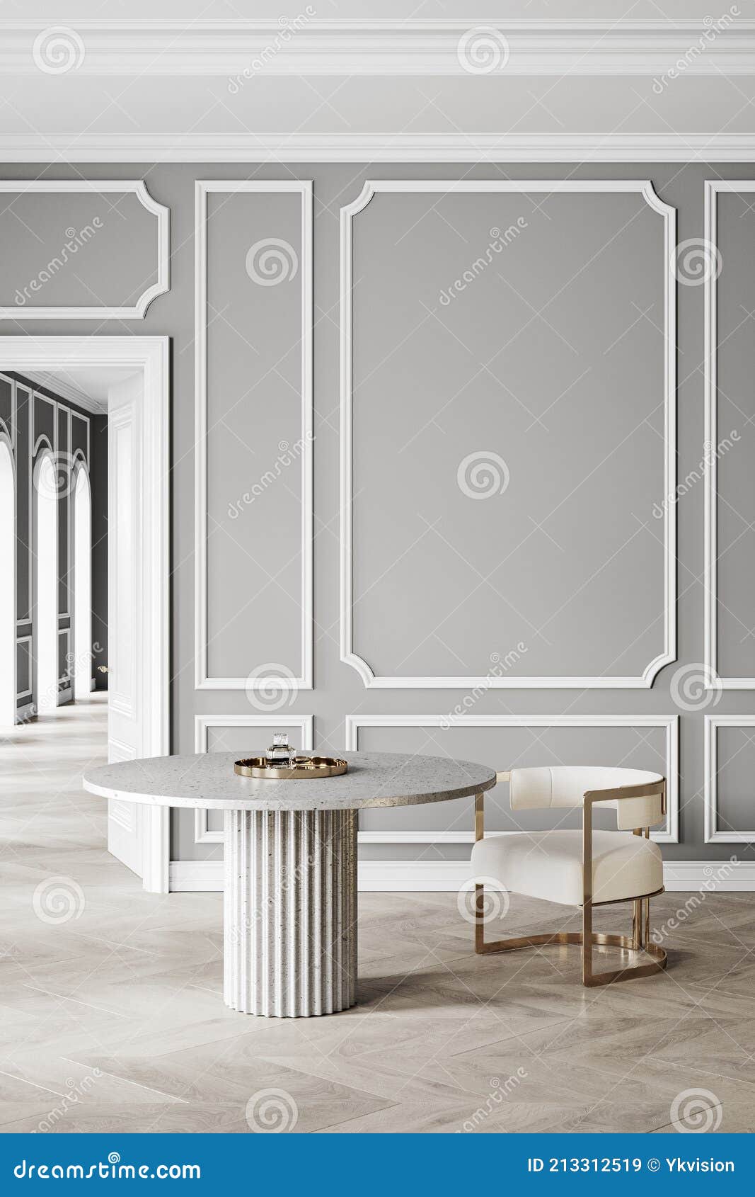 Gray Classic Interior With Round Table, Chair, Wall Panel And Moldings ...