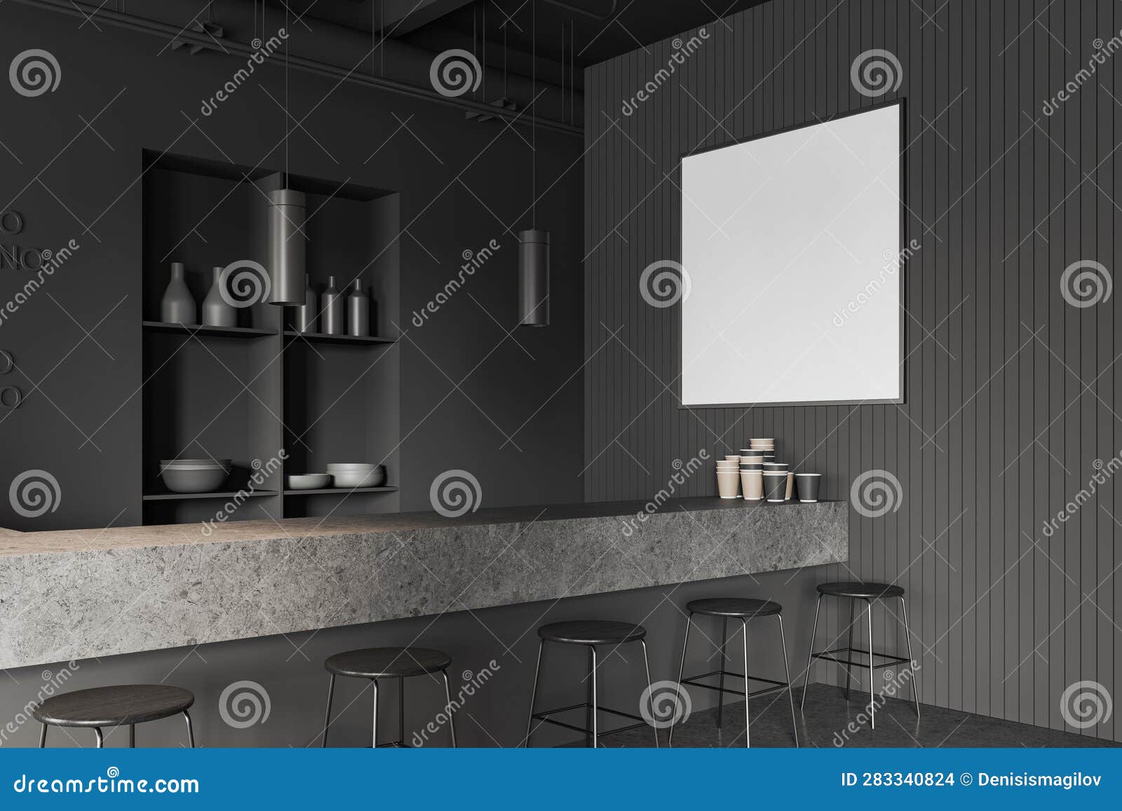 Gray Coffee Shop Corner with Bar and Poster Stock Illustration ...
