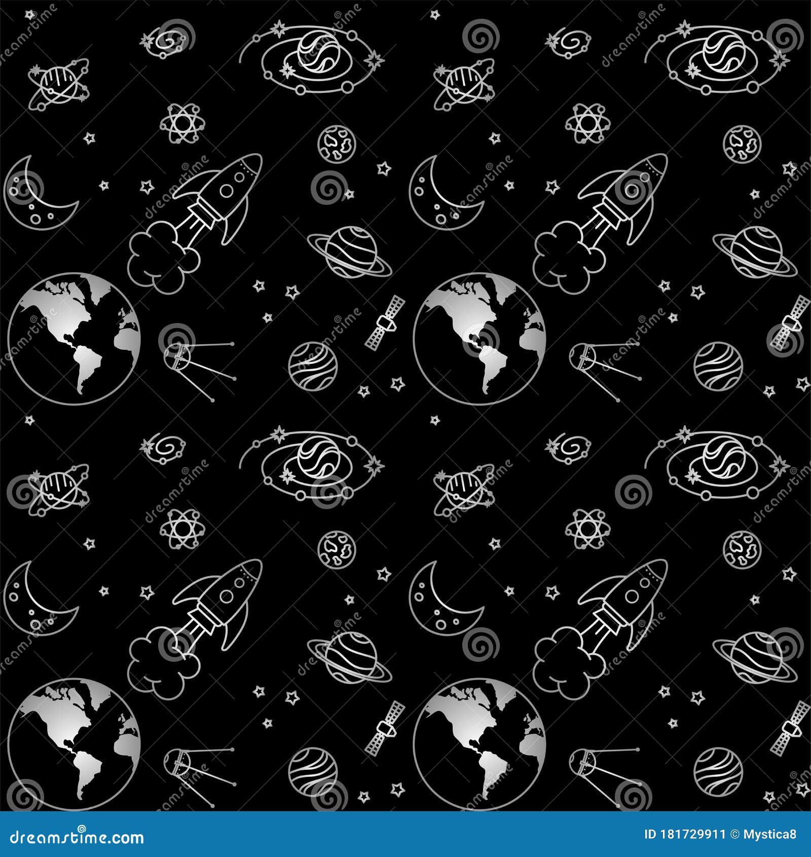 Seamless Background with Earth, Moon, Satellites and Rocket among ...