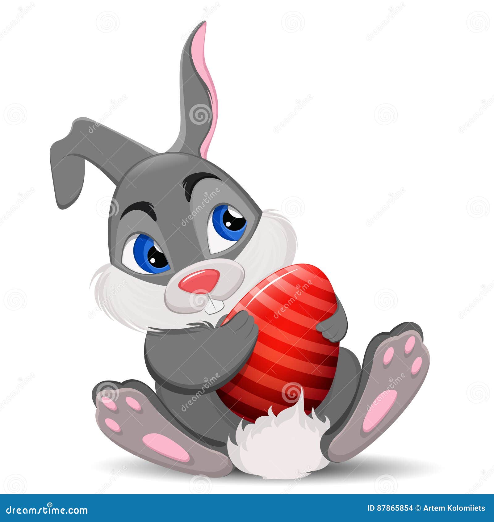 Gray Easter Rabbit Sitting and Holding Egg. Cute Cartoon Easter Bunny ...