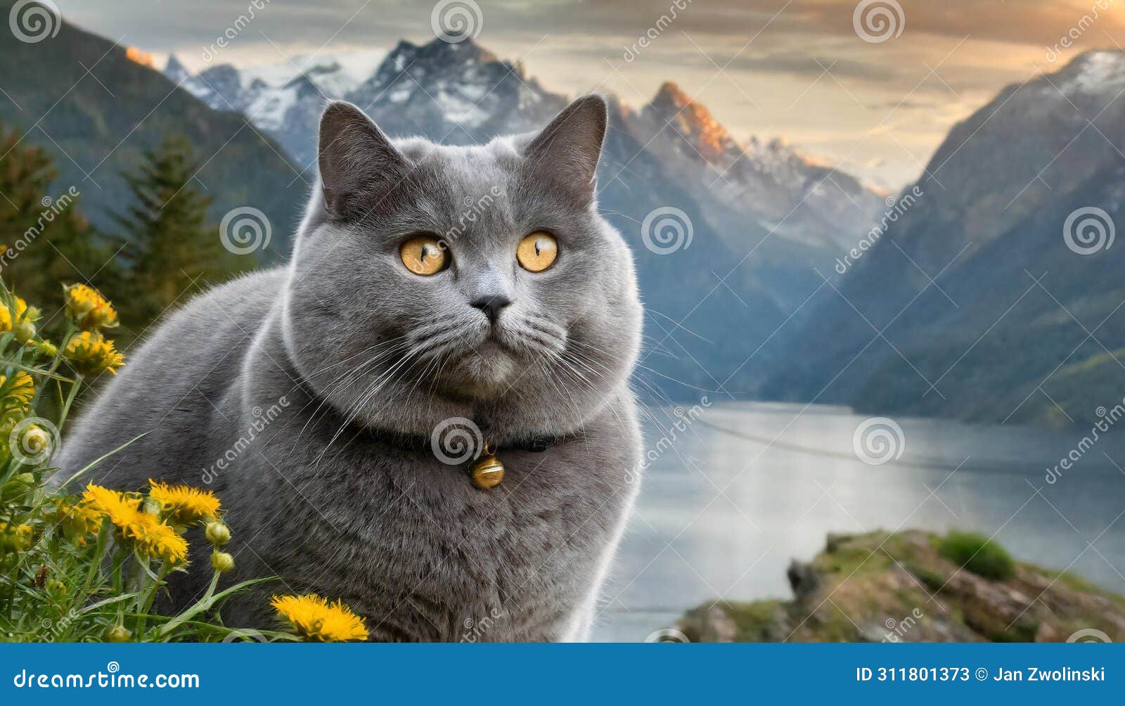 Gray Fat Cat at Calm Lake in Mountains Valley Stock Illustration ...