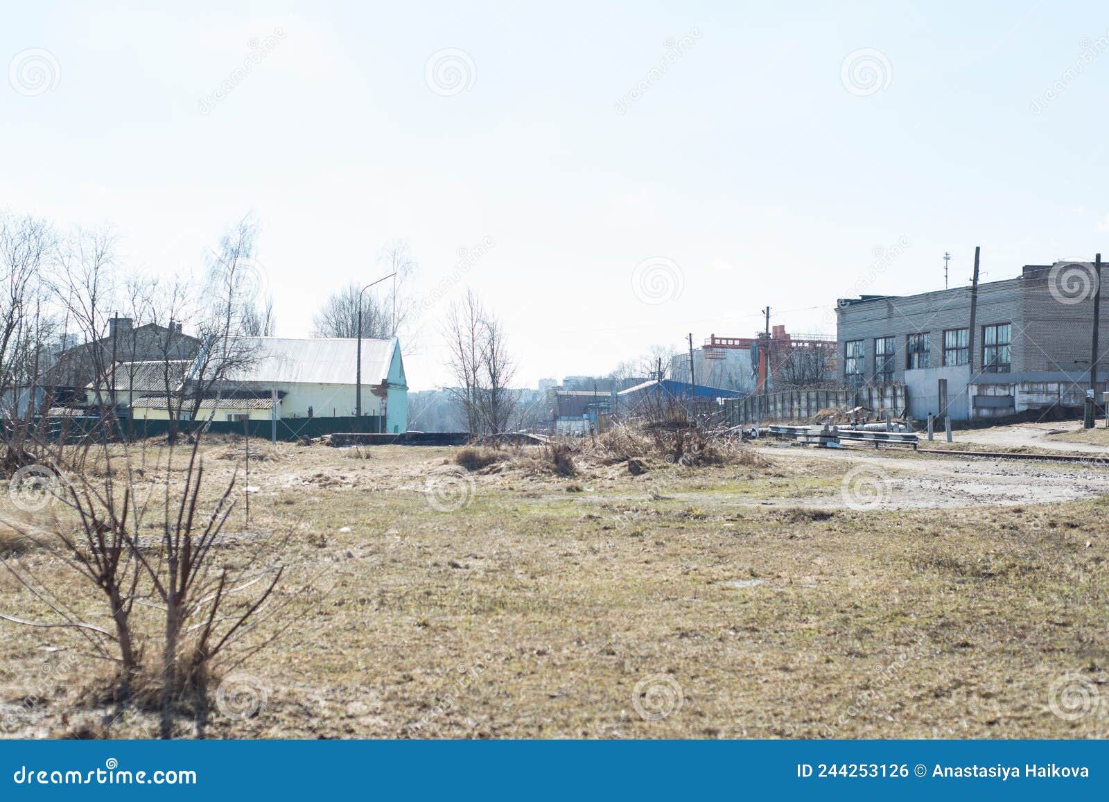 Gray Field and Old Industrial Buildings Stock Photo - Image of damage ...