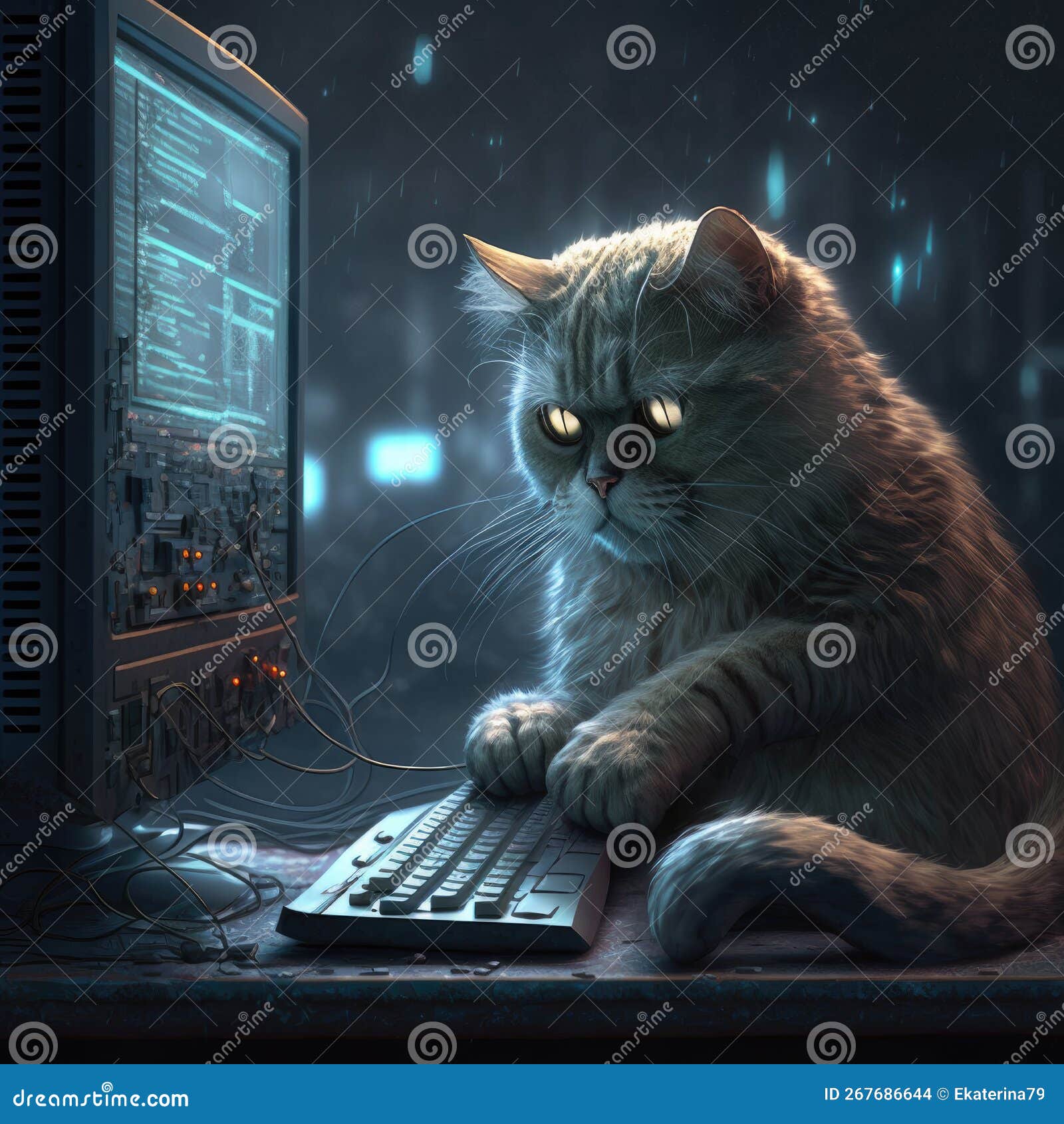 A Gray Hacker Cat Sitting Behind a Computer and Typing on a Keyboard ...