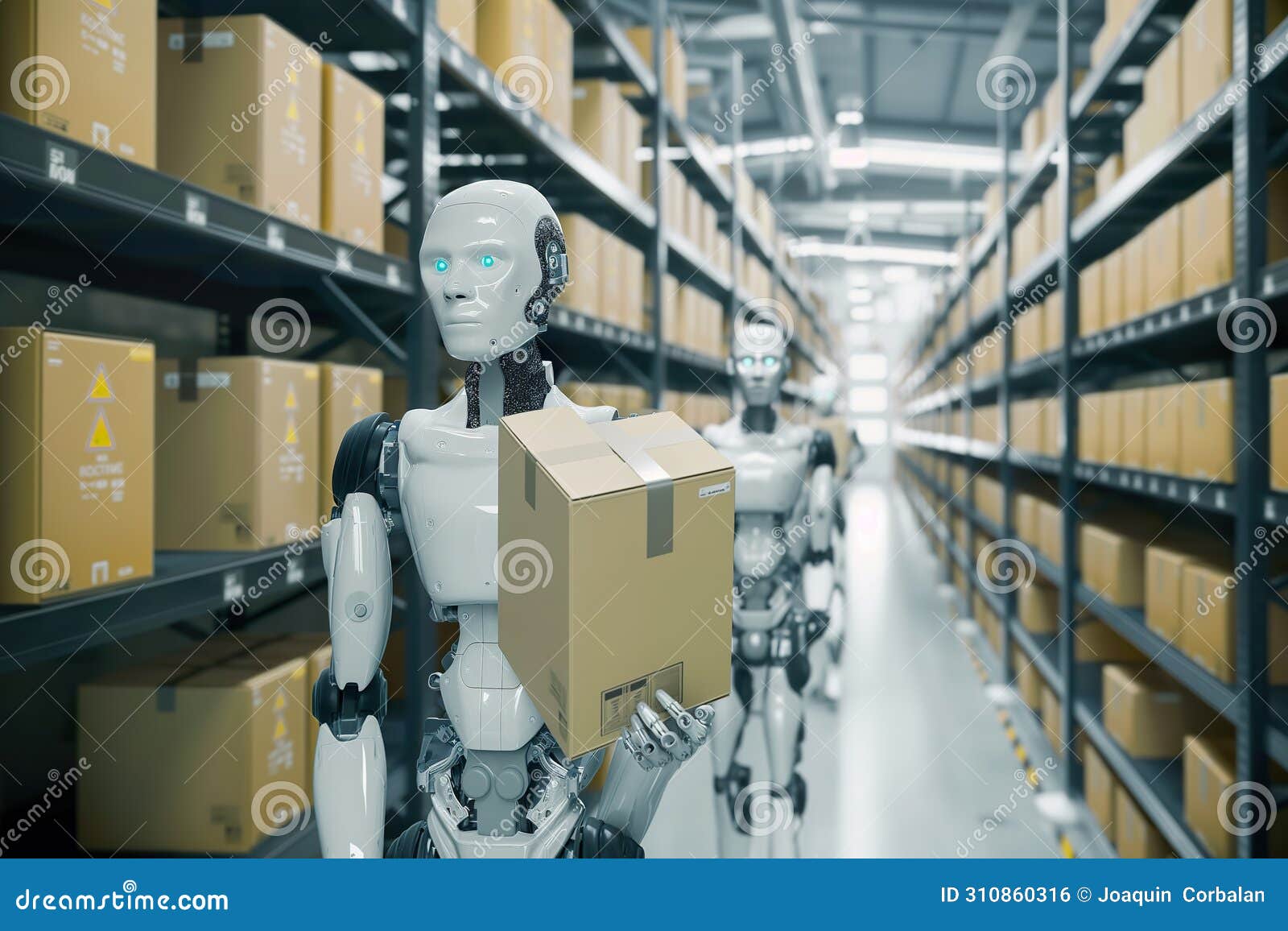 Gray Humanoid Robot Transporting a Box in a Warehouse Setting Stock ...