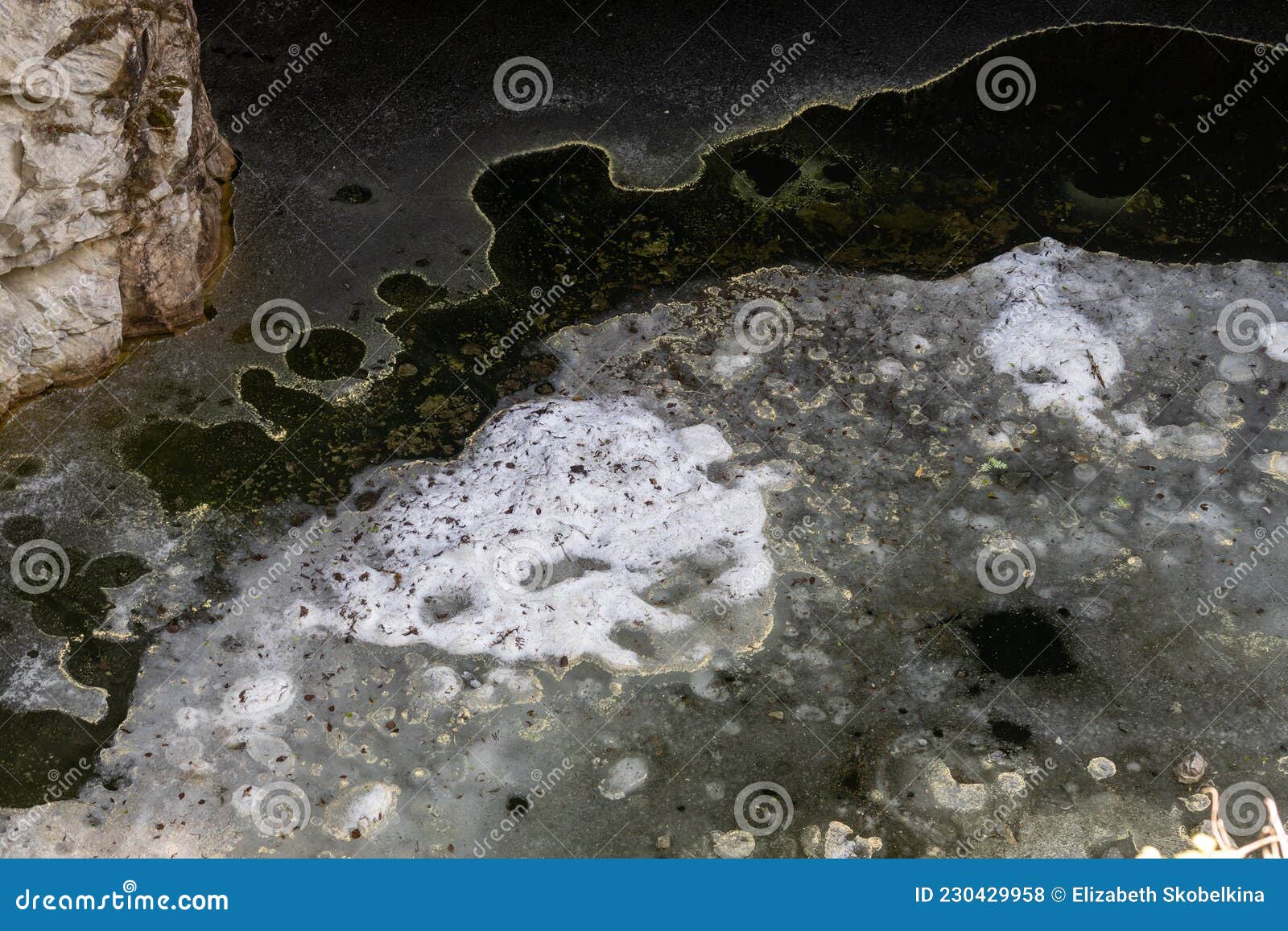 Gray Ice with Pollen on the Surface of the Water in the Cave Stock ...