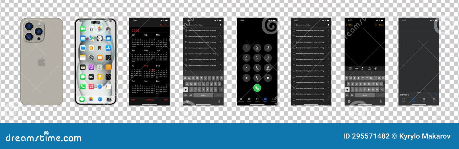 Gray Iphone 15 Pro Interfaces. Apple Mockup. Front, Back Side of the ...