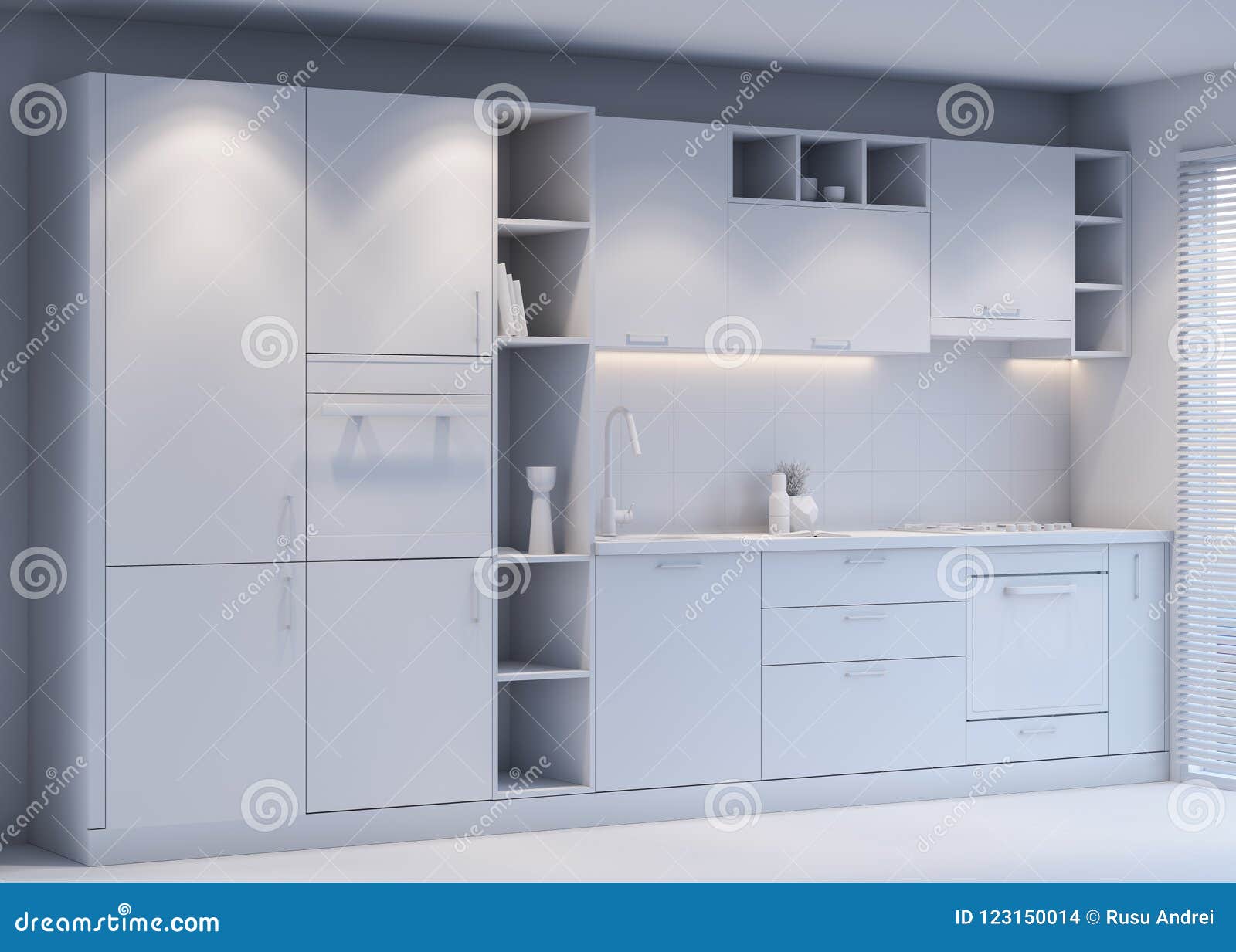 Gray Kitchen Design with Modern Style , 3D Rendering Stock Illustration ...
