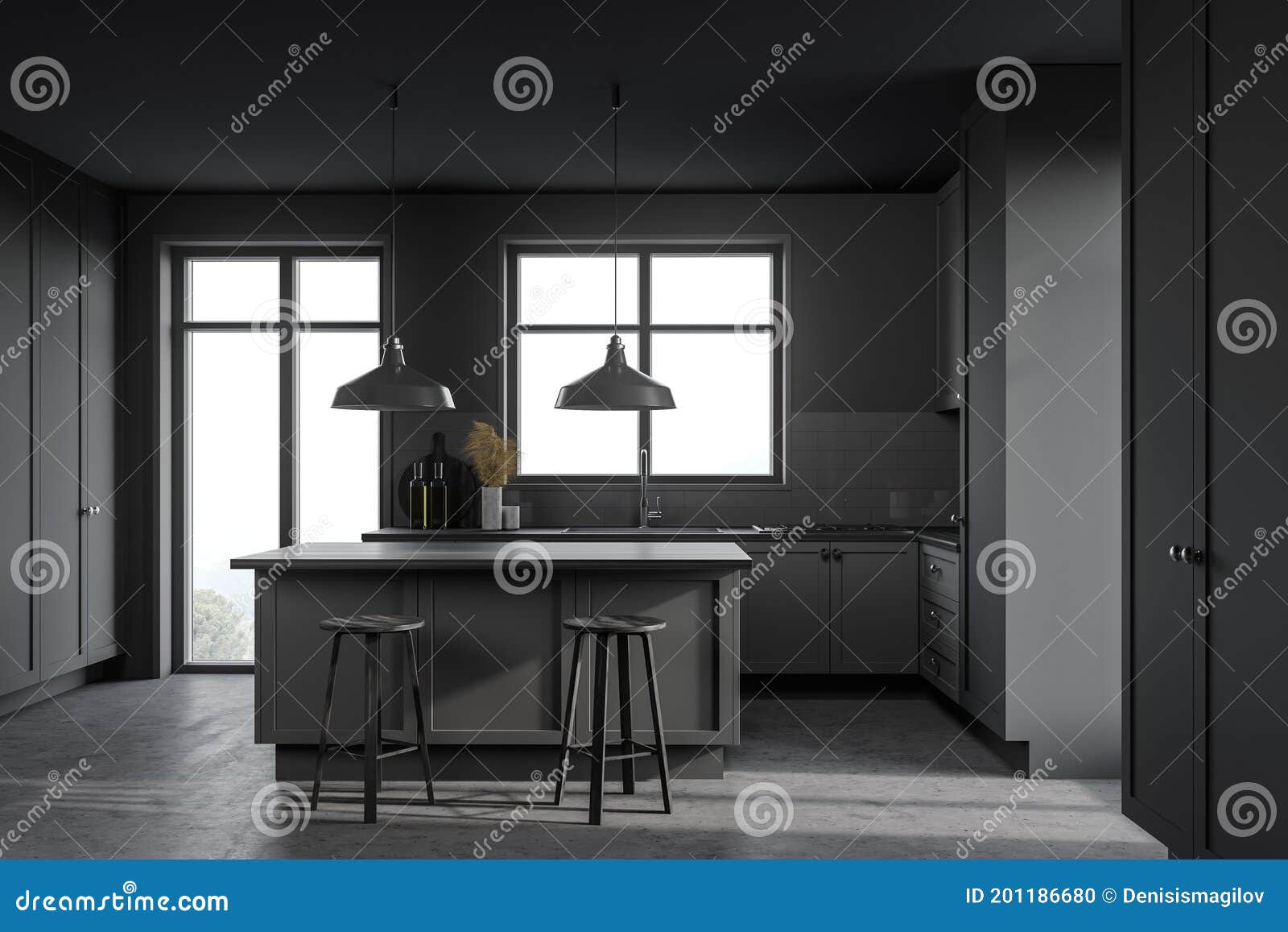 Gray Kitchen Interior with Bar and Stools Stock Illustration ...