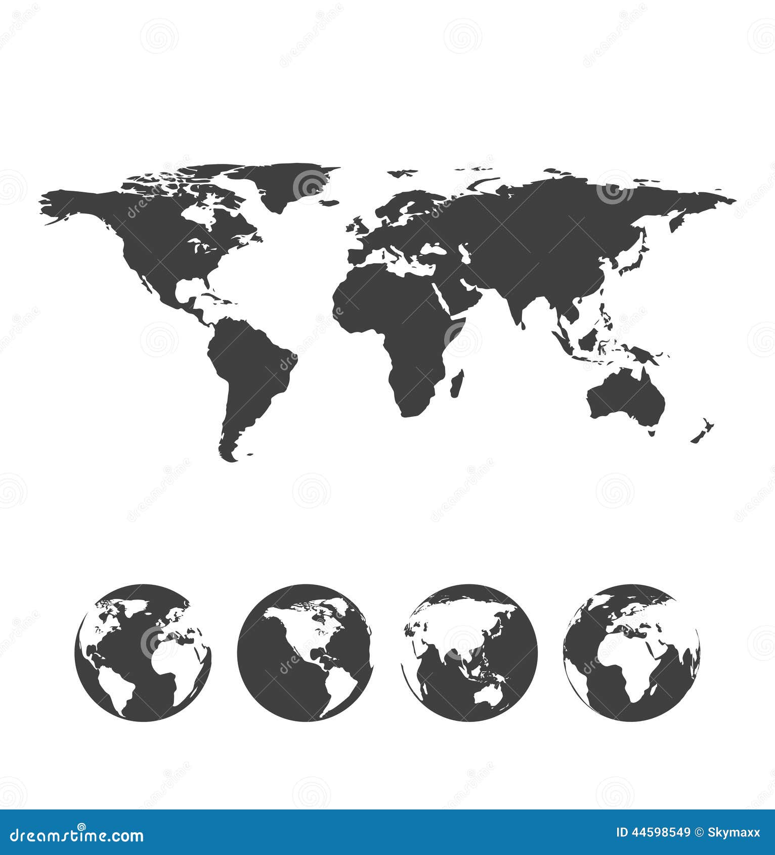 Gray Map of the World with Globe Icons Stock Vector - Illustration of ...
