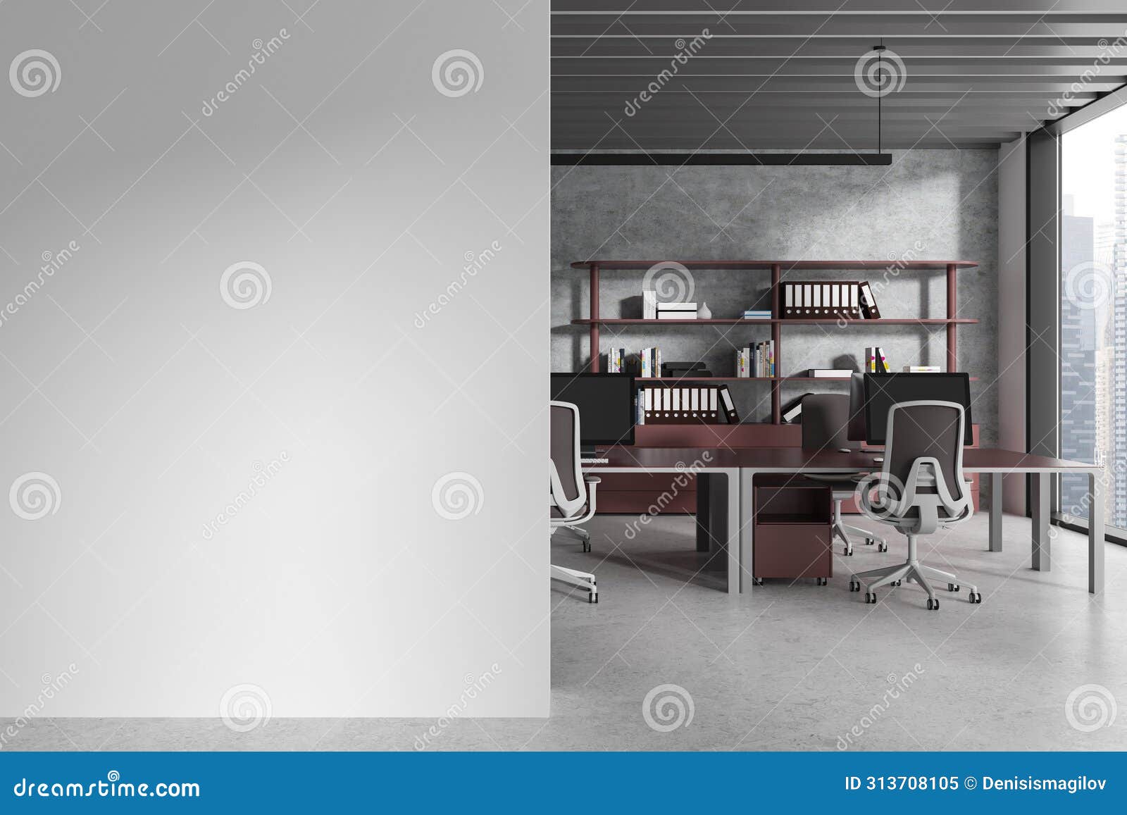 Gray and Maroon Open Space Office Interior with Blank Wall Stock ...
