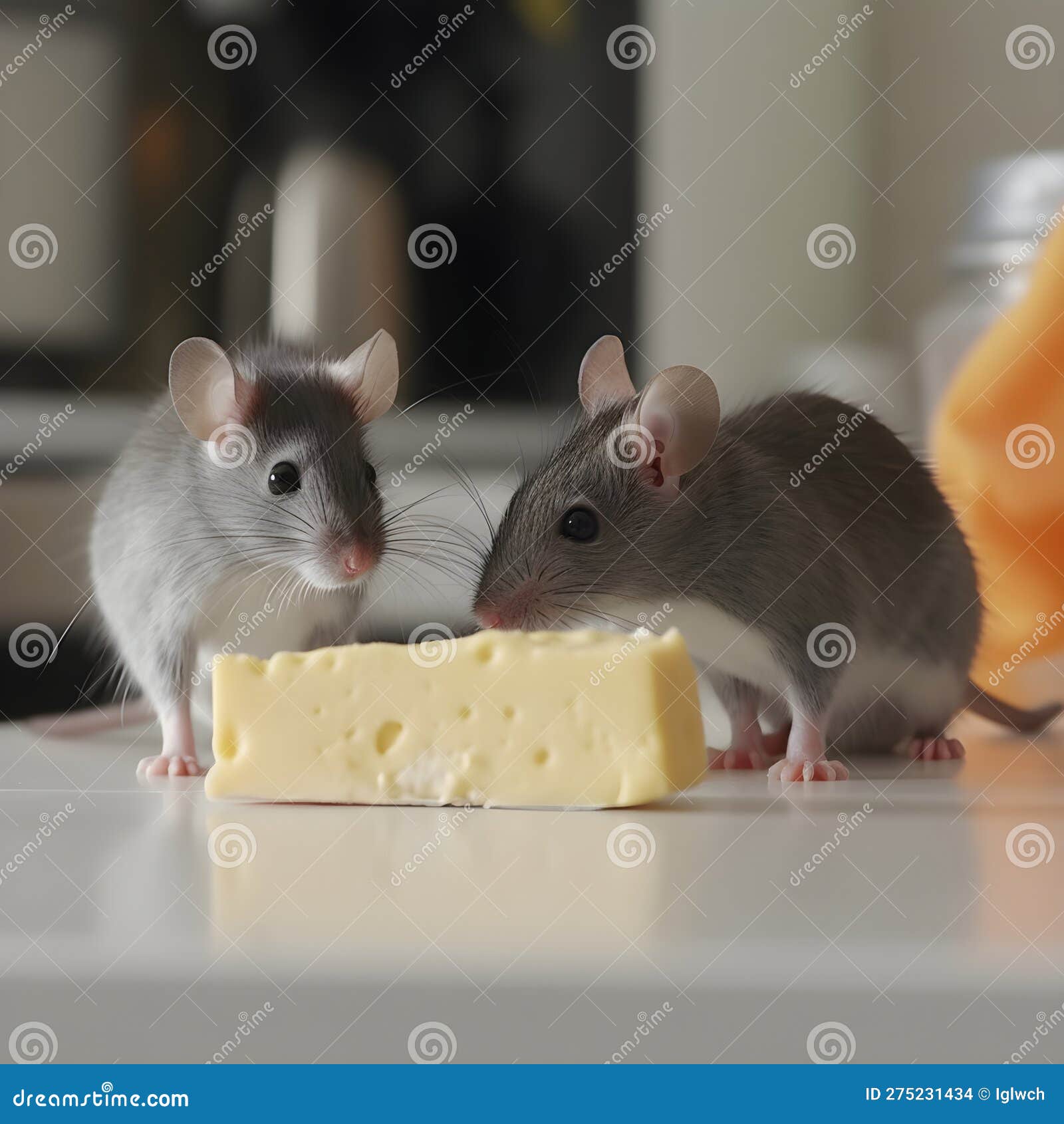 Gray Mice Approach a Piece of Cheese on the Kitchen Table, Generative ...