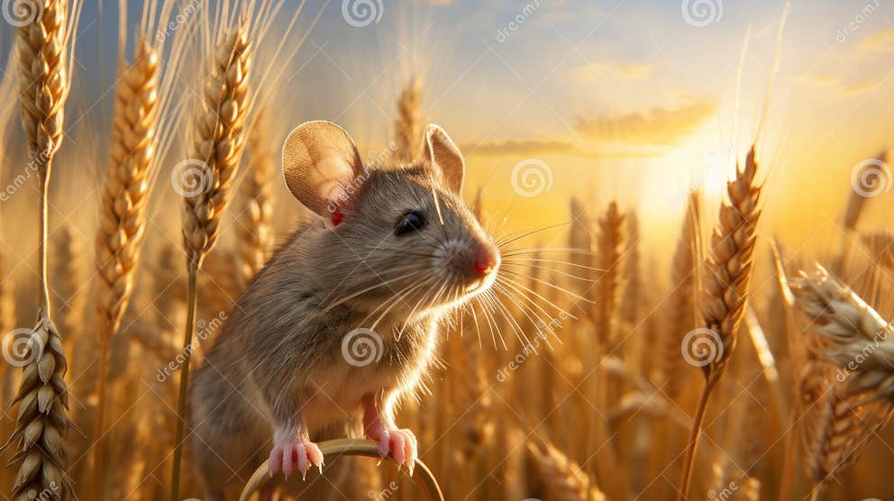 Gray Mouse in Field with Grain Spikelets AI Generated Stock ...