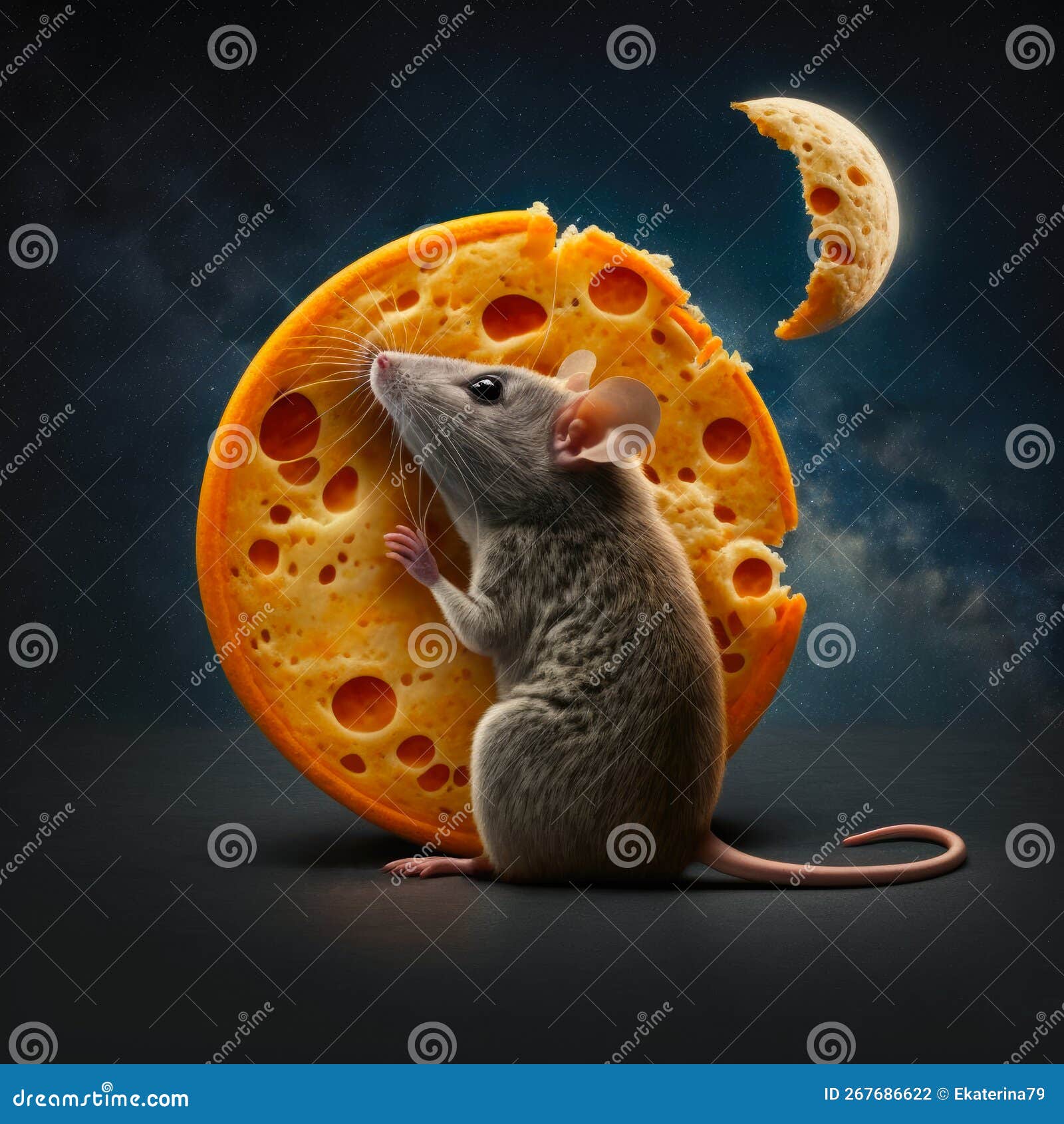 A Gray Mouse Holding a Large Wheel of Cheese Under the Cheese Moon ...