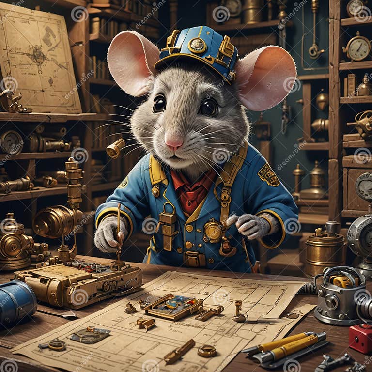 A Mouse Engineer Works on a Steampunk Gadget in a Workshop. Generative ...