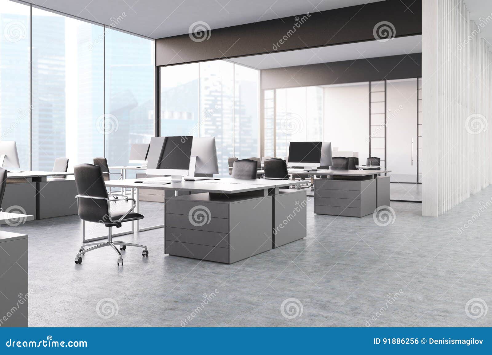 Gray open office area stock illustration. Illustration of concrete ...