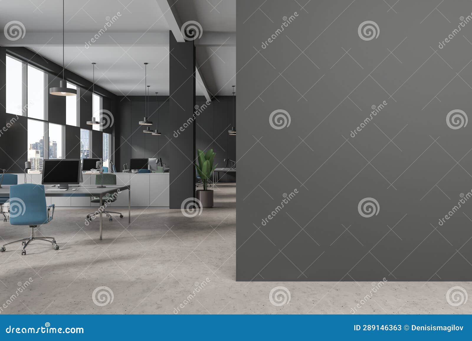 Gray Open Space Office Interior with Checkered Windows and Blank Wall ...