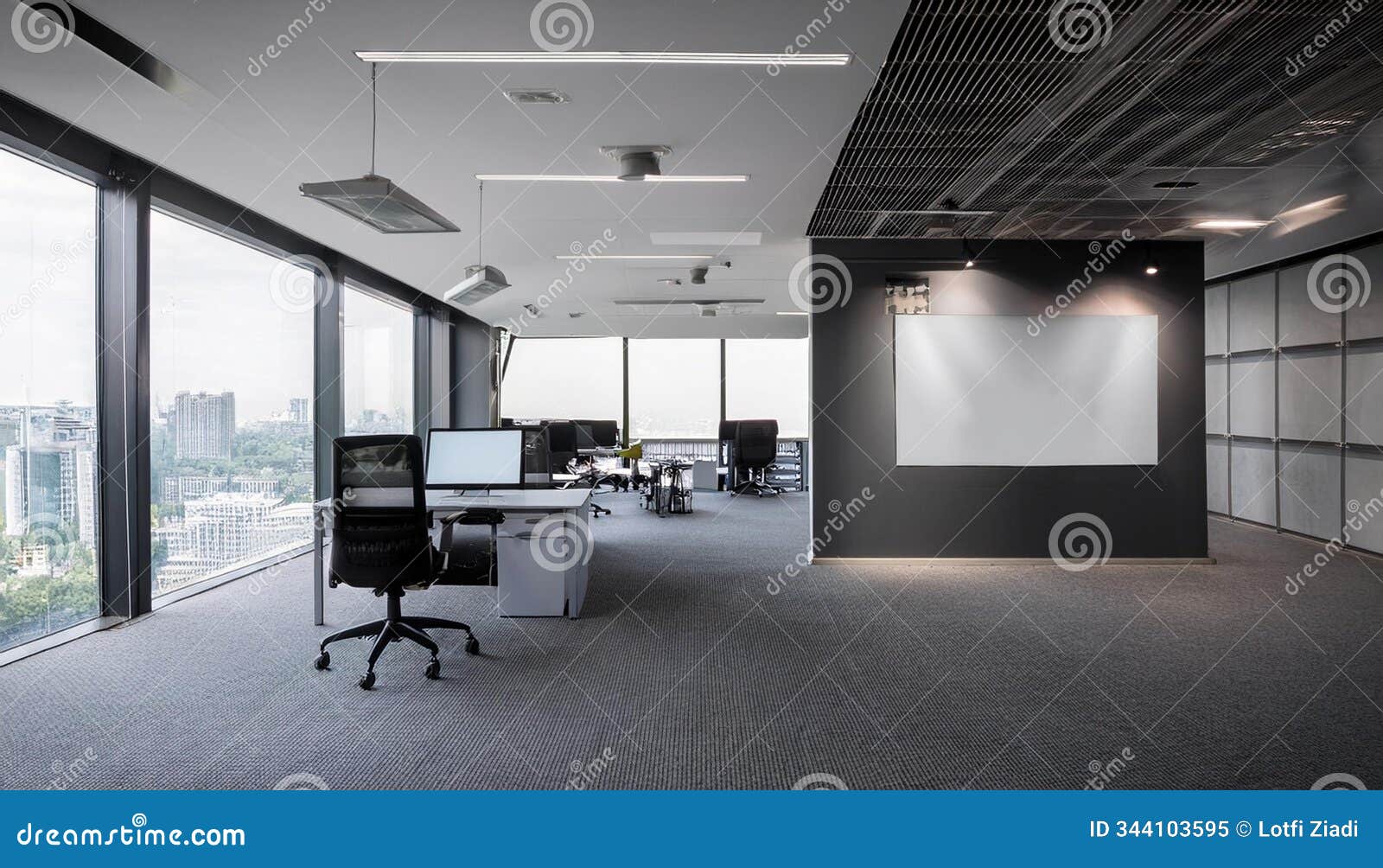 Gray Open Space Office Interior with Mock Up Wall Stock Illustration ...