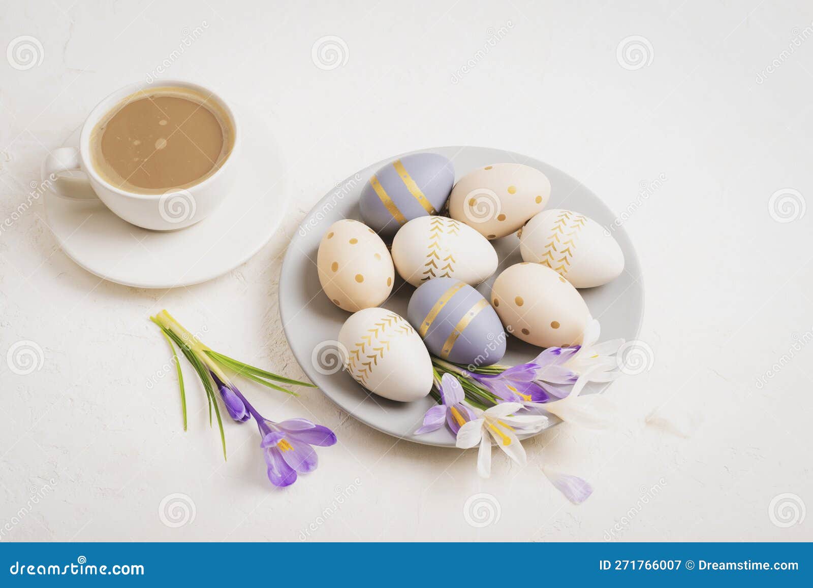 Gray Plate with Painted Easter Eggs, Coffee Cup and Crocus Flowers on ...