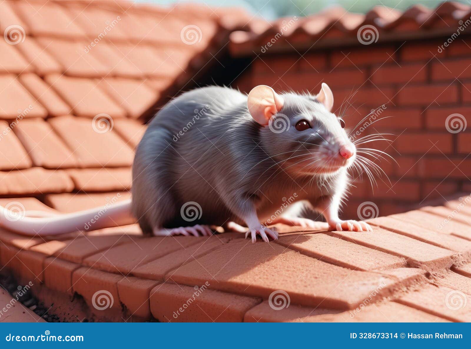 A Gray Rat with a Long Tail Sitting on a Roof Tile, with a Chimney in ...