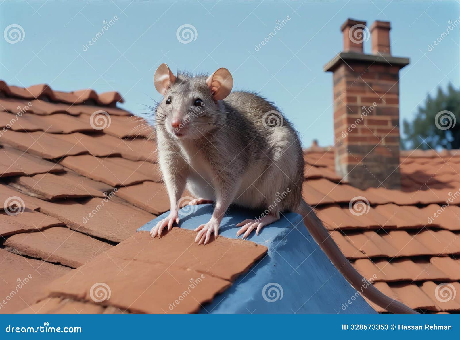 A Gray Rat with a Long Tail Sitting on a Roof Tile, with a Chimney in ...