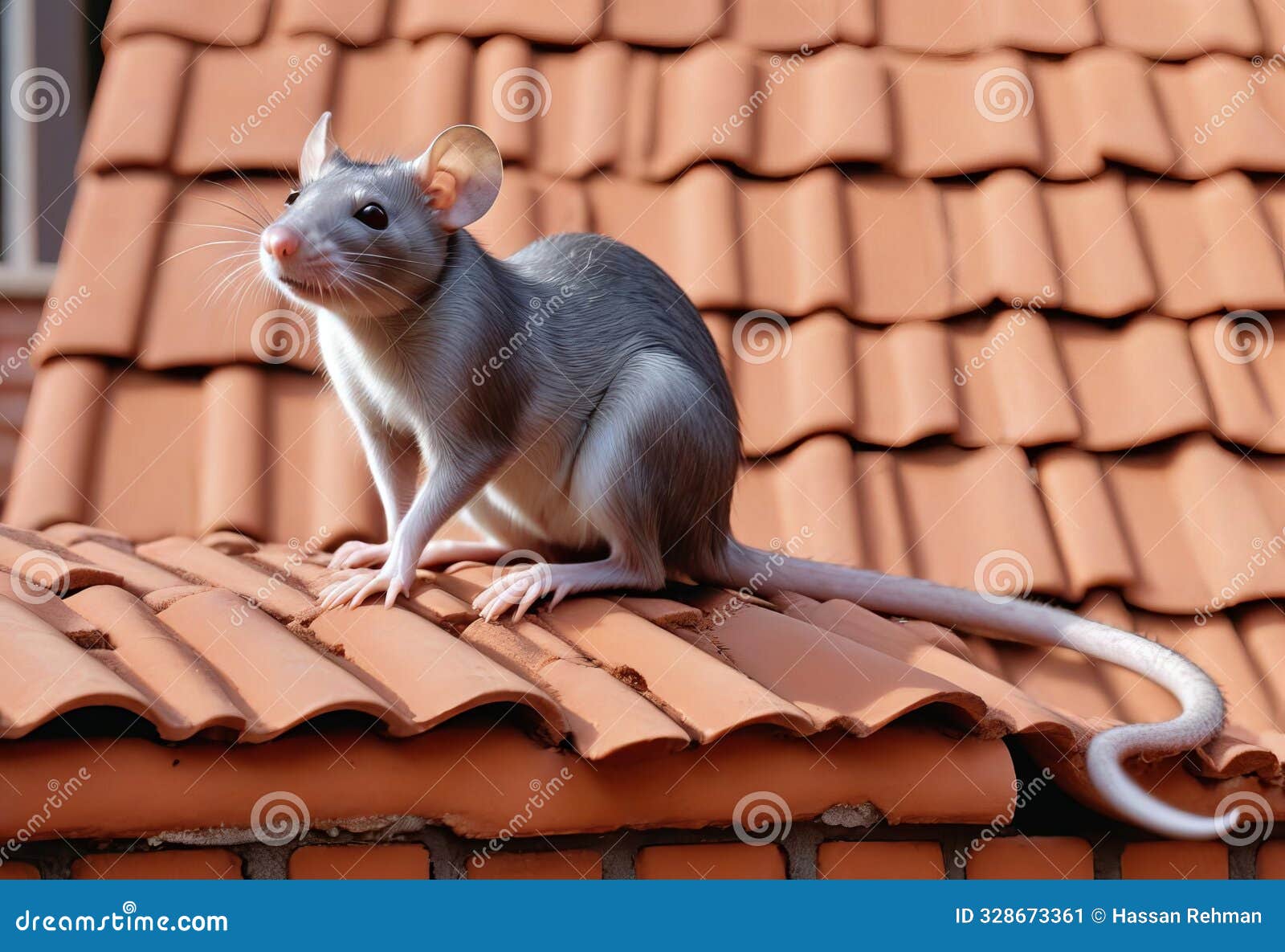 A Gray Rat with a Long Tail Sitting on a Roof Tile, with a Chimney in ...