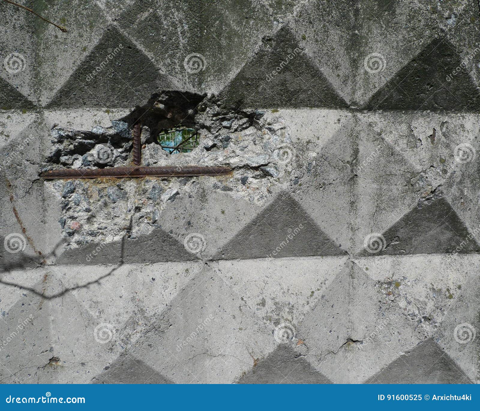 Gray Reinforced Concrete Fence with Square Elements and Hole. Stock ...