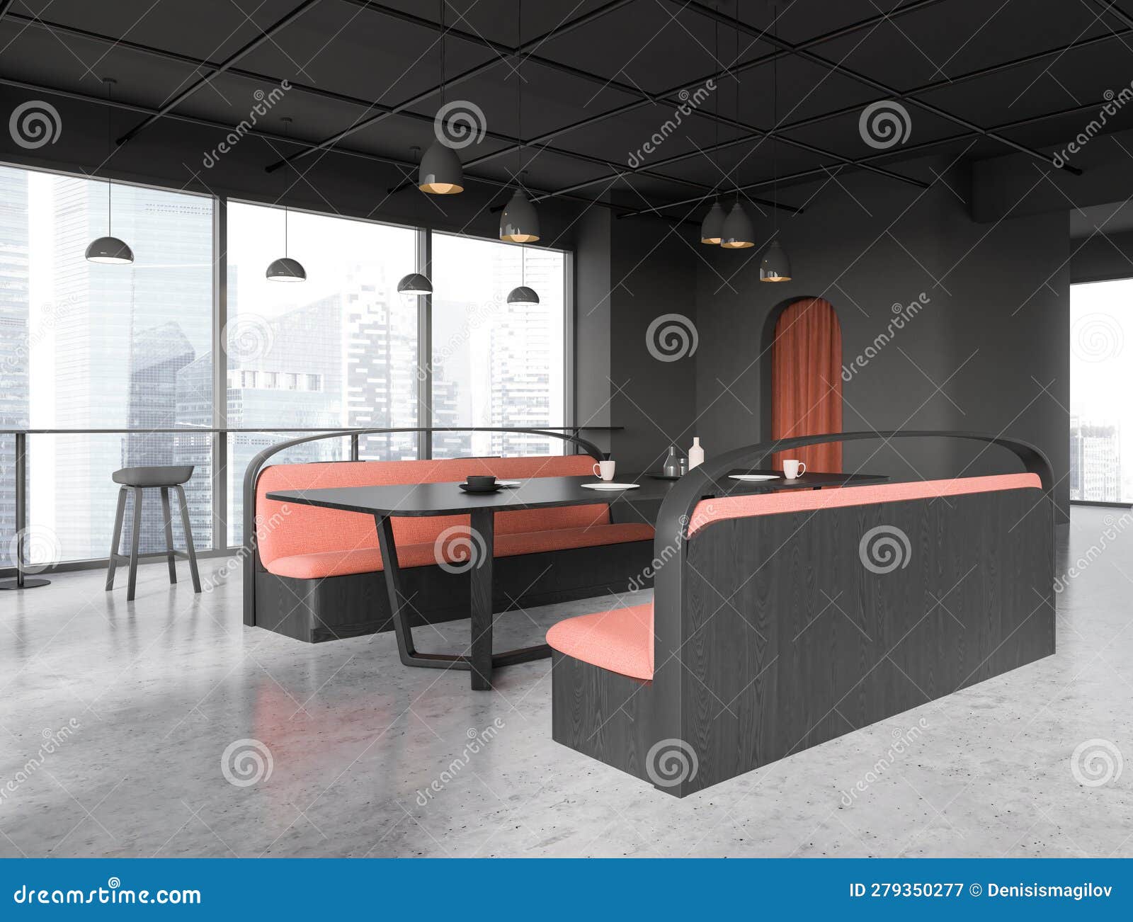 Gray Restaurant Interior with Sofas Stock Illustration - Illustration ...