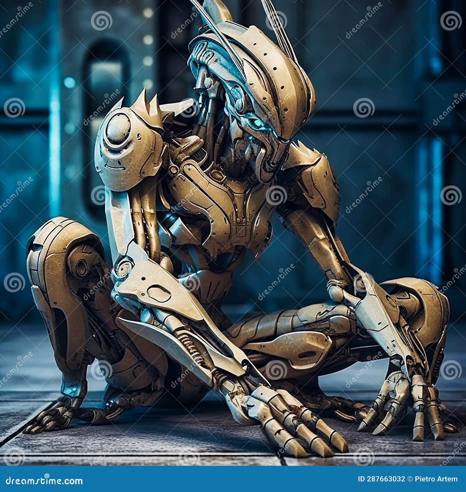 A Gray Robot with Blue Eyes that Sat Down. Generative AI Stock Photo ...
