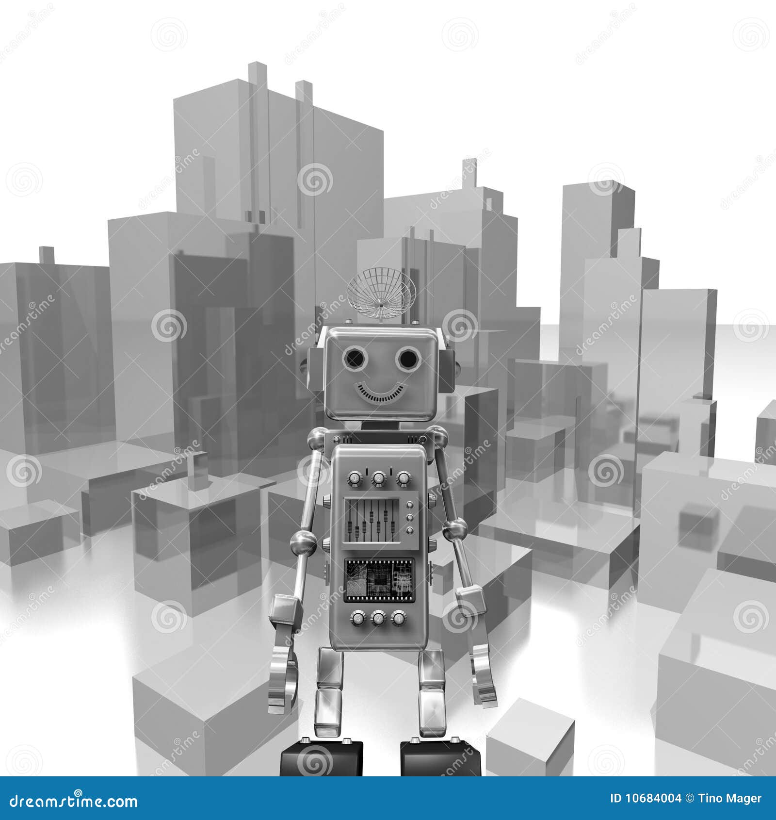 Gray Robot With Cylinder Head And Pipes Mouth And Black Glowing Red ...