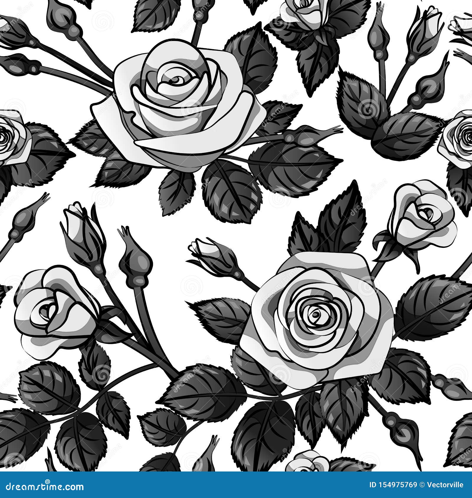 Gray Roses Pattern Seamless with Black Leafs Isolated on White ...