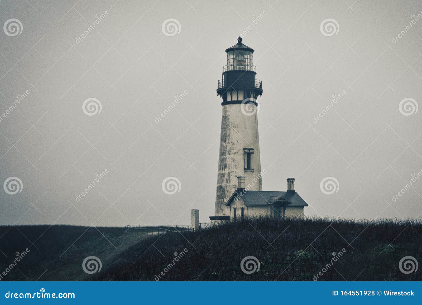 Gray Scale Shot of a Lighthouse and a House on a Hill Covered with ...