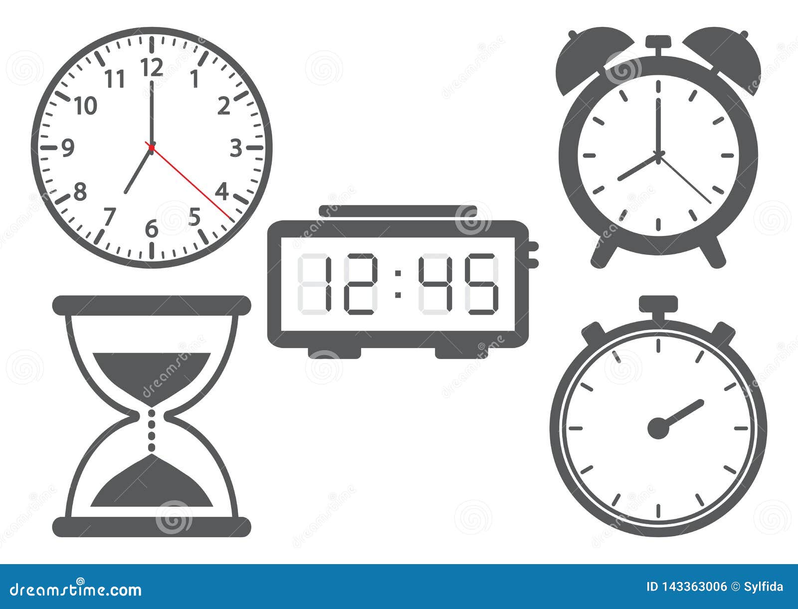 Set Of Different Old Clocks. Sundial, Hourglass, Alarm Clock. Hand ...