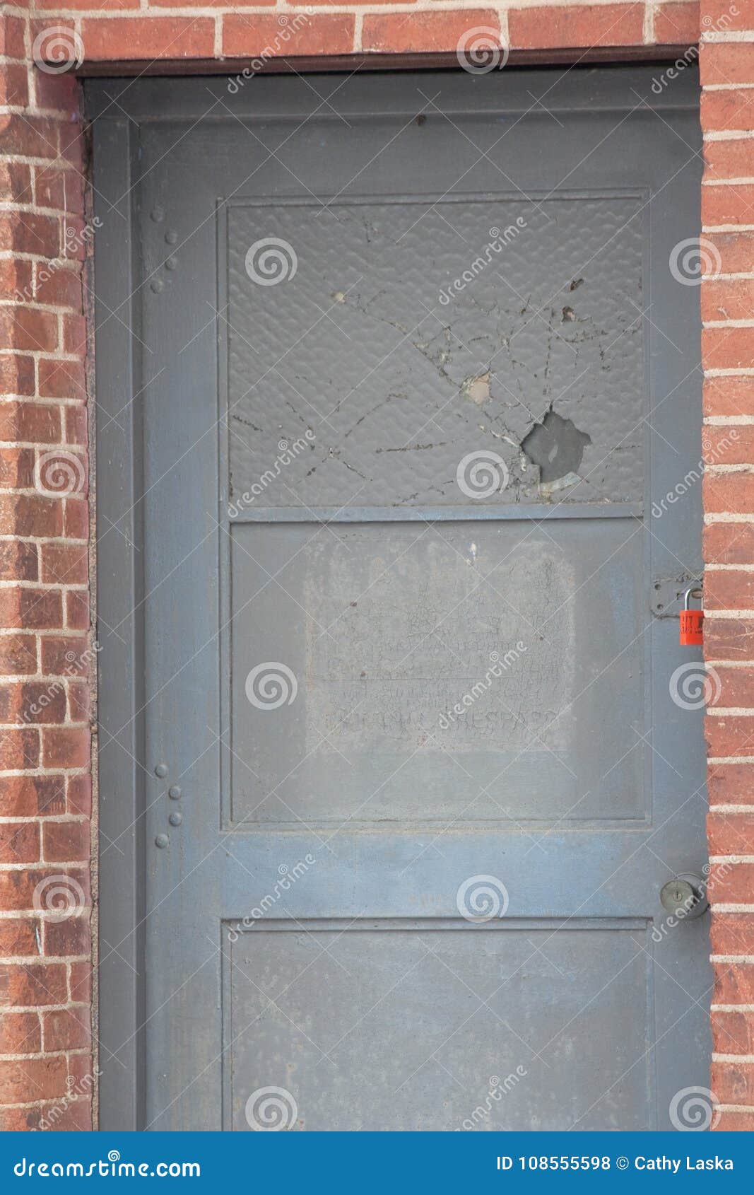 Gray Shattered Door with Red Padlock Stock Photo - Image of shattered ...