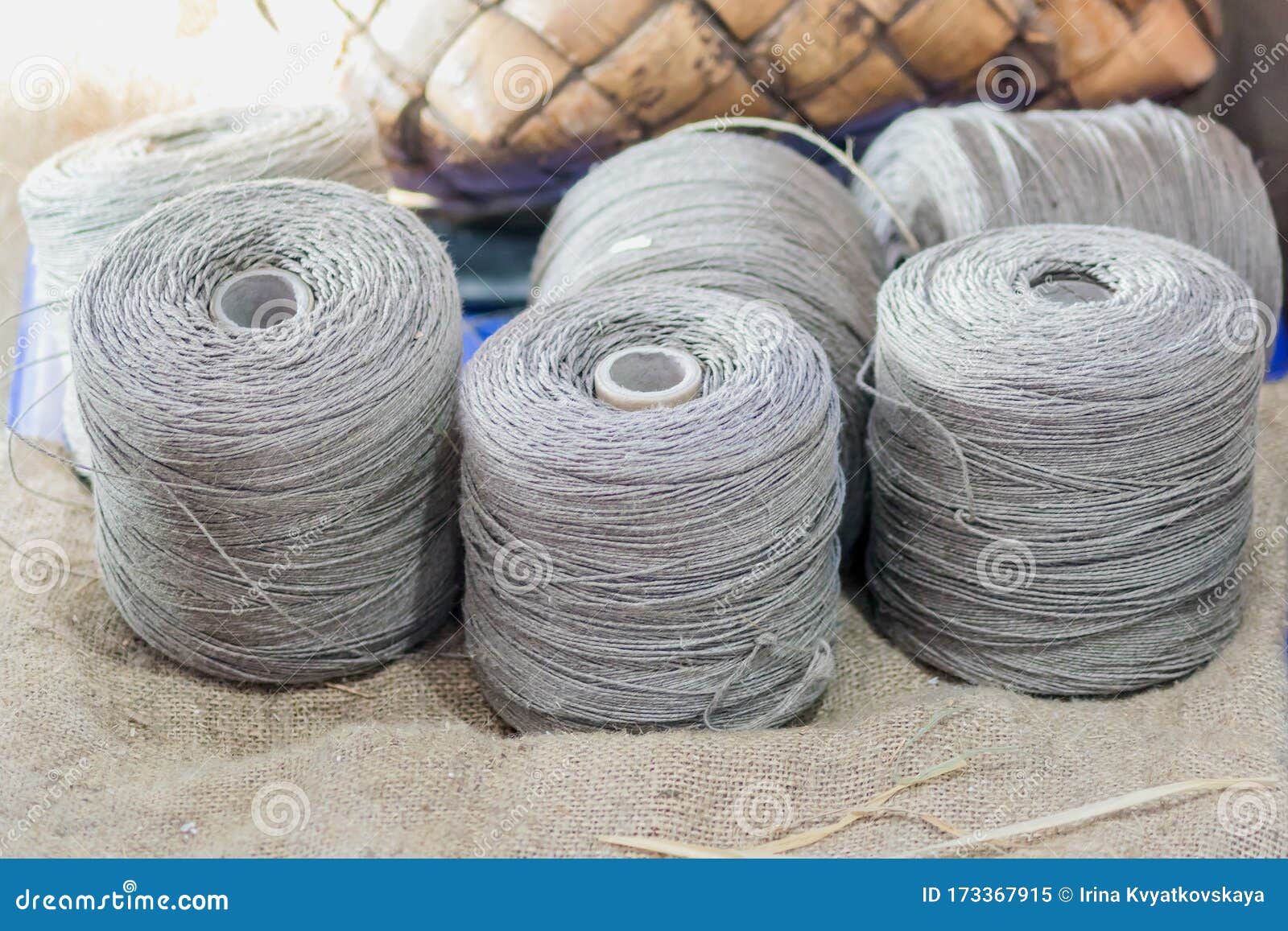 Gray Silver Yarn Threads Spools Bobbin Close Up. Sewing Workshop ...